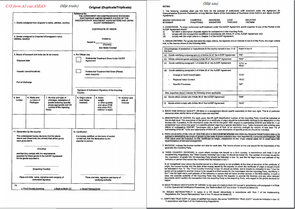 Hướng dẫn các tiêu chí trên C/O AJ xuất khẩu Nhật Bản