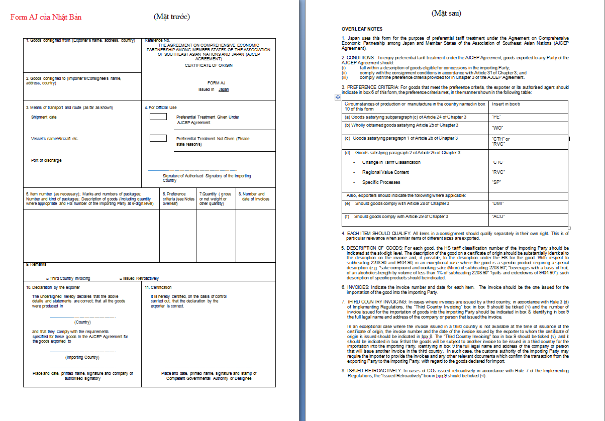 Hướng dẫn các tiêu chí trên C/O form AJ nhập khẩu từ Nhật Bản