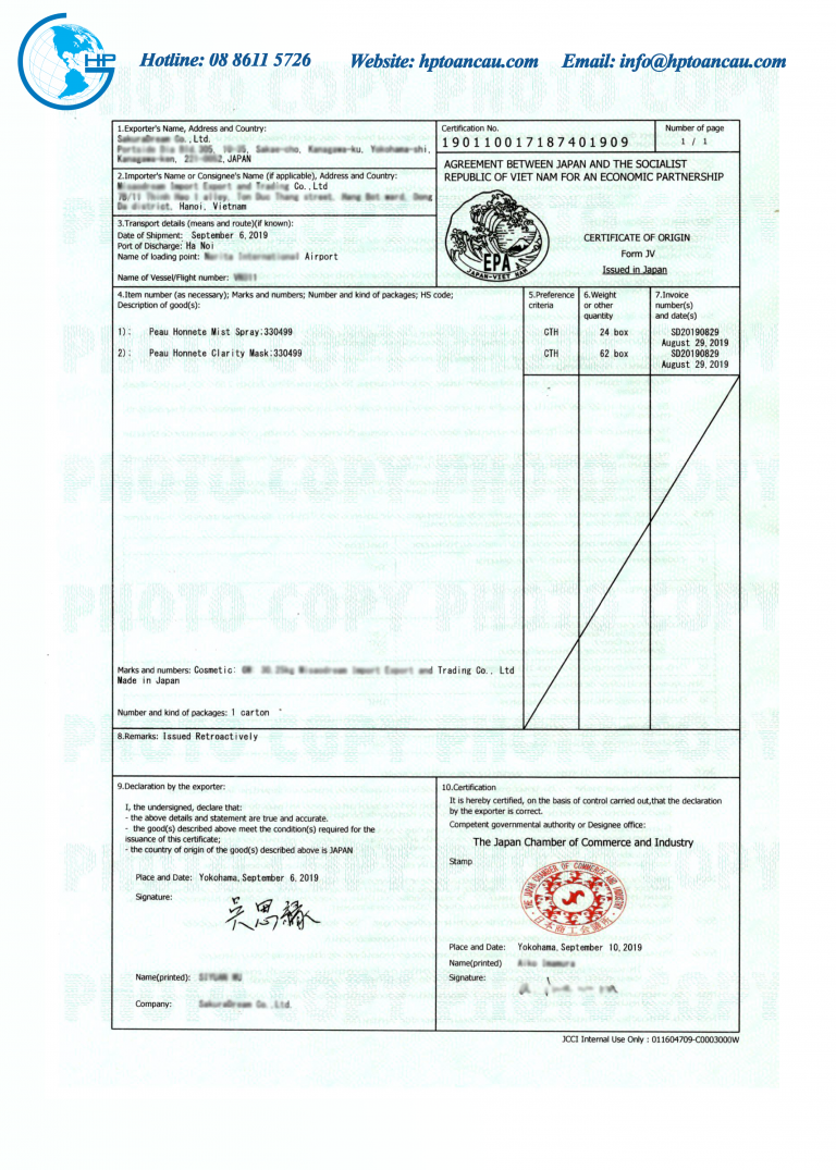 Hướng dẫn các tiêu chí trên C/O form JV nhập khẩu từ Nhật Bản